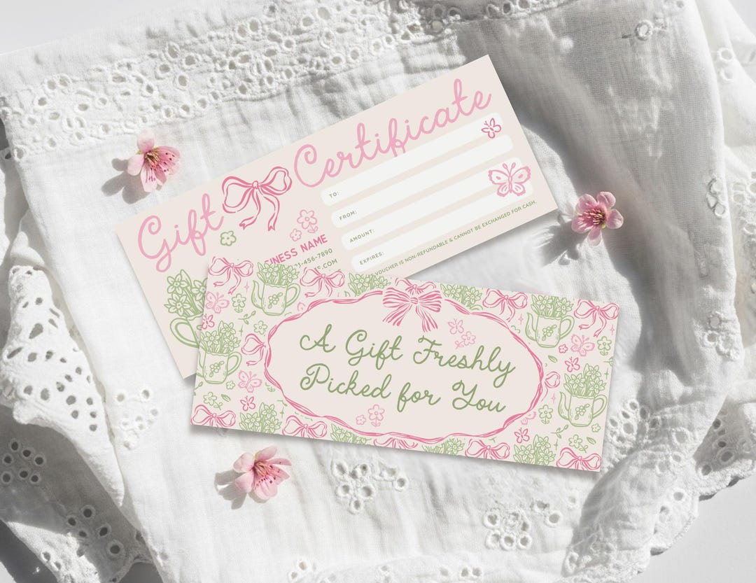 Editable Spring Gift Certificate Template, Coquette Bow Pink & Green ...