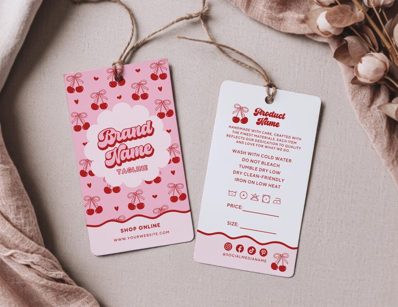 Editable Coquette Cherries Tag Canva Template, Printable Garment Care ...