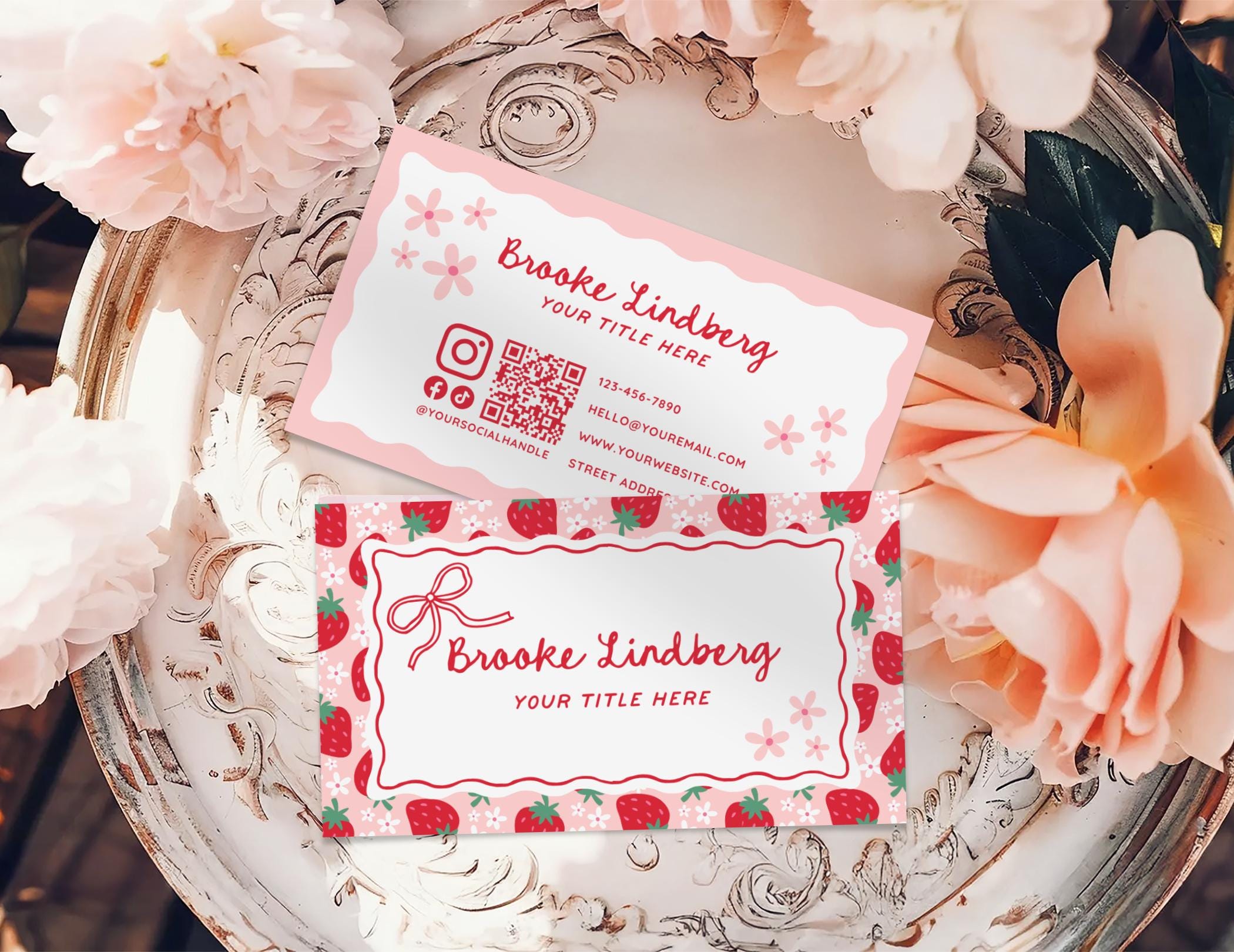 Coquette Business Card Template Canva QR Code, Trendy Strawberry ...