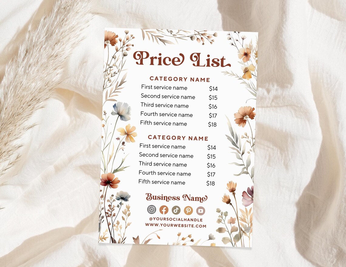 Wildflowers DIY Printable Price List Canva Template, Fall Editable ...