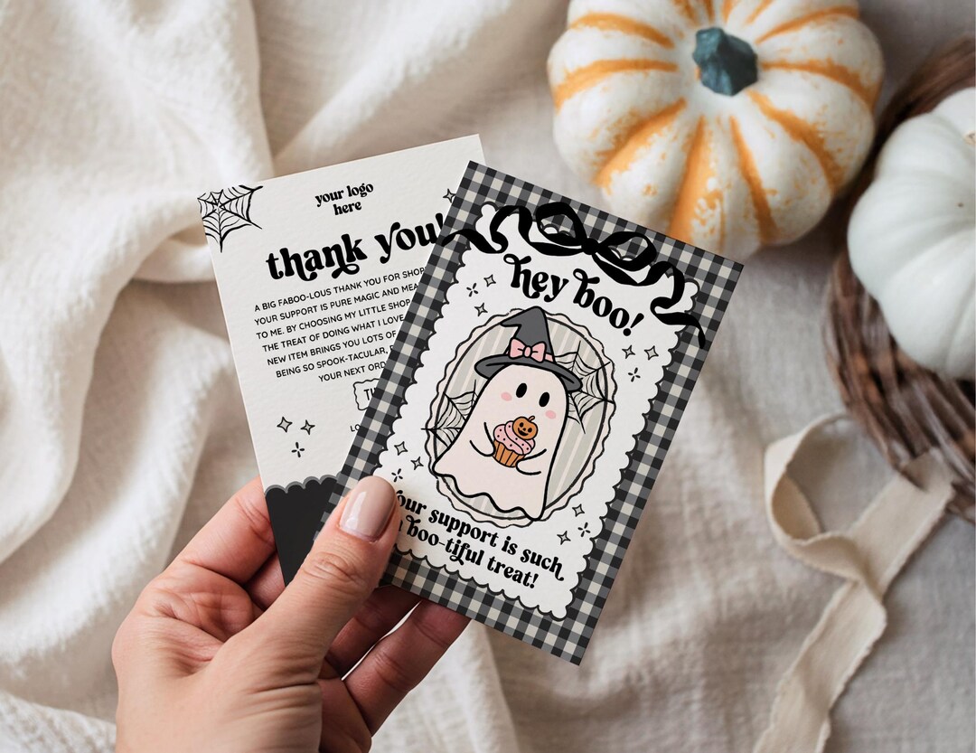 Cute Ghost Halloween Thank You Card Template, Pink Coquette Bow Cupcake ...