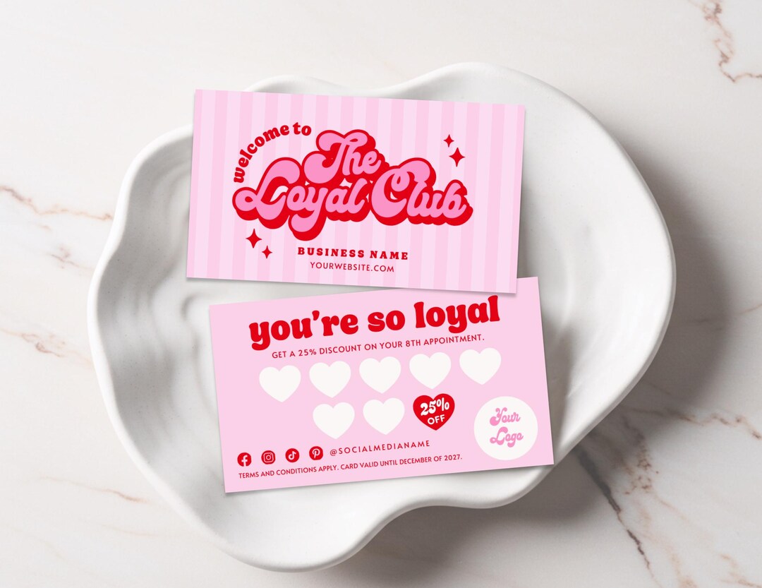 Pink Red Retro Editable Loyalty Card Template, Trendy Printable ...