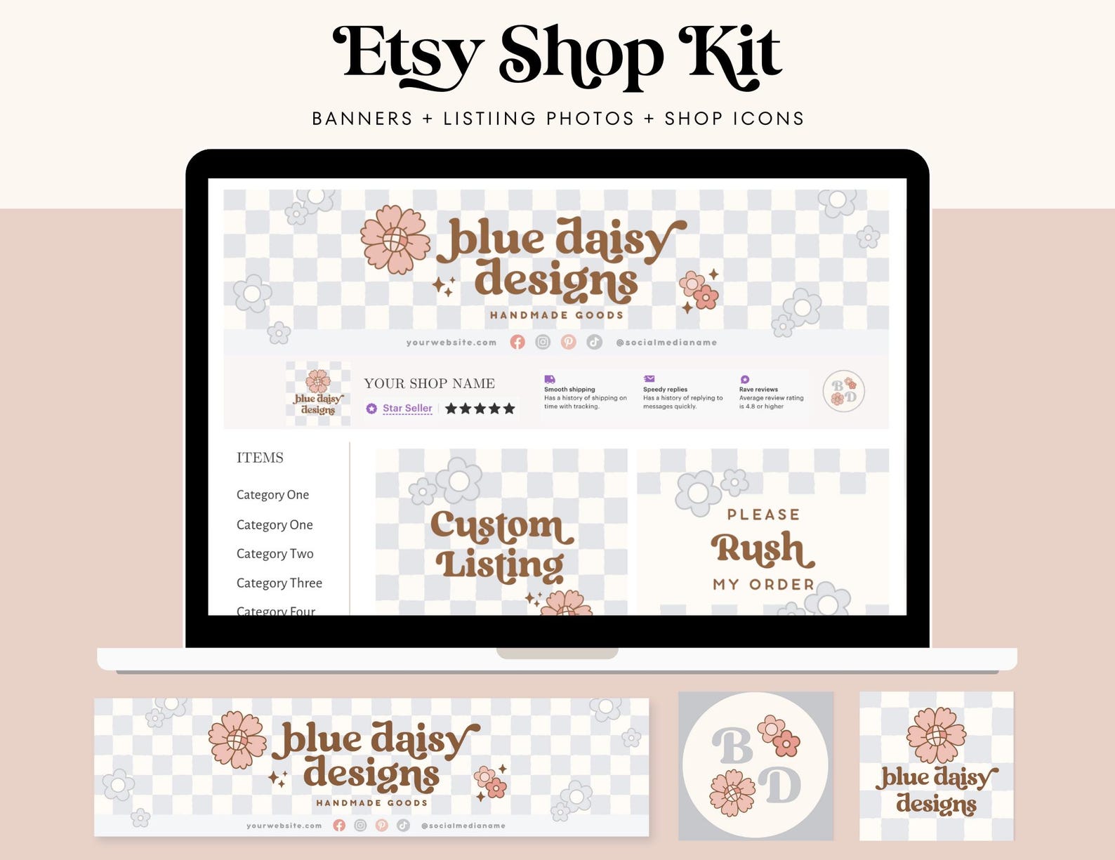 Editable Retro Flowers Etsy Shop Template Kit Canva, Cute Groovy ...
