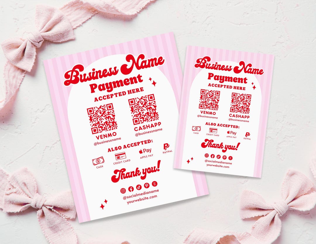 Retro Scan to Pay Sign Template, Pink Coquette QR Code Sign, Accepted ...