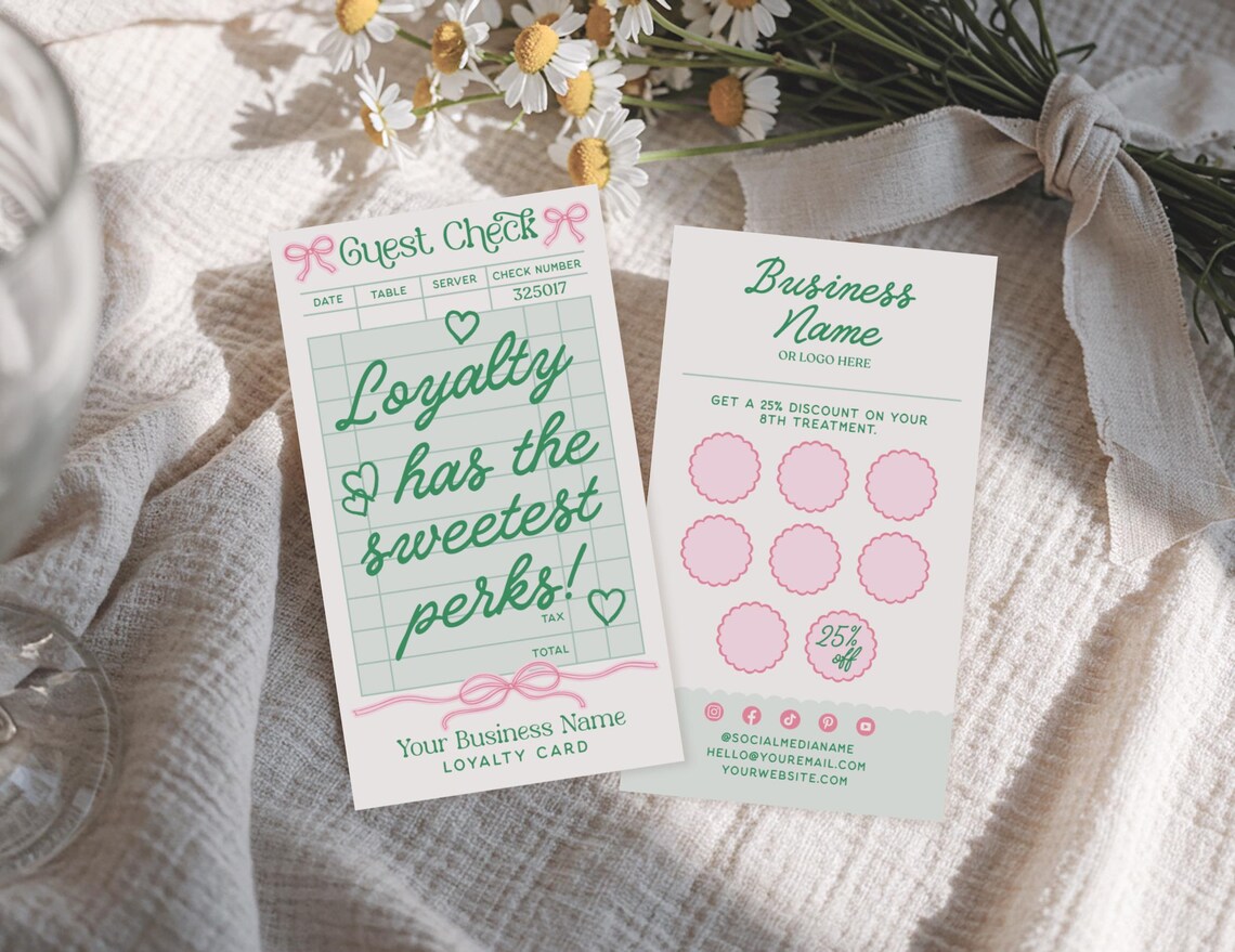 Coquette Guest Check Loyalty Card Template, Vintage Guest Check ...