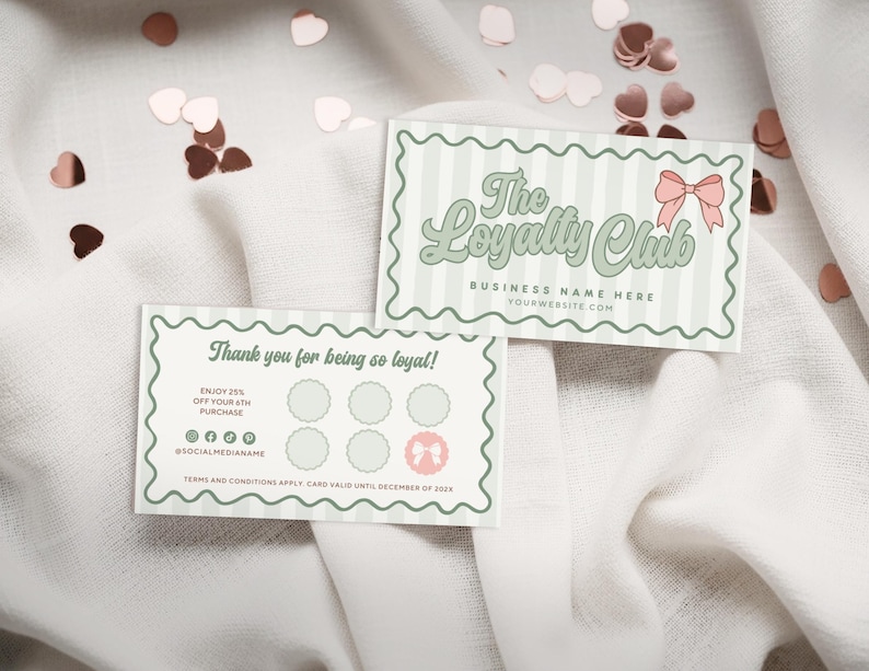 Coquette Editable Loyalty Canva Template, Pastel Green Stripes Pink Bow ...