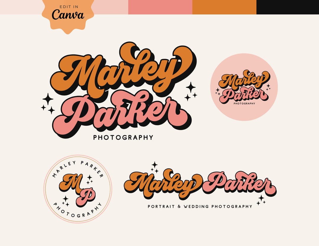 DIY Retro Script 2 Tone Logo Design Instant Download, Premade Groovy ...