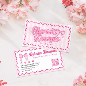 Coquette Business Card Template Canva QR Code, Trendy Checker Bow ...
