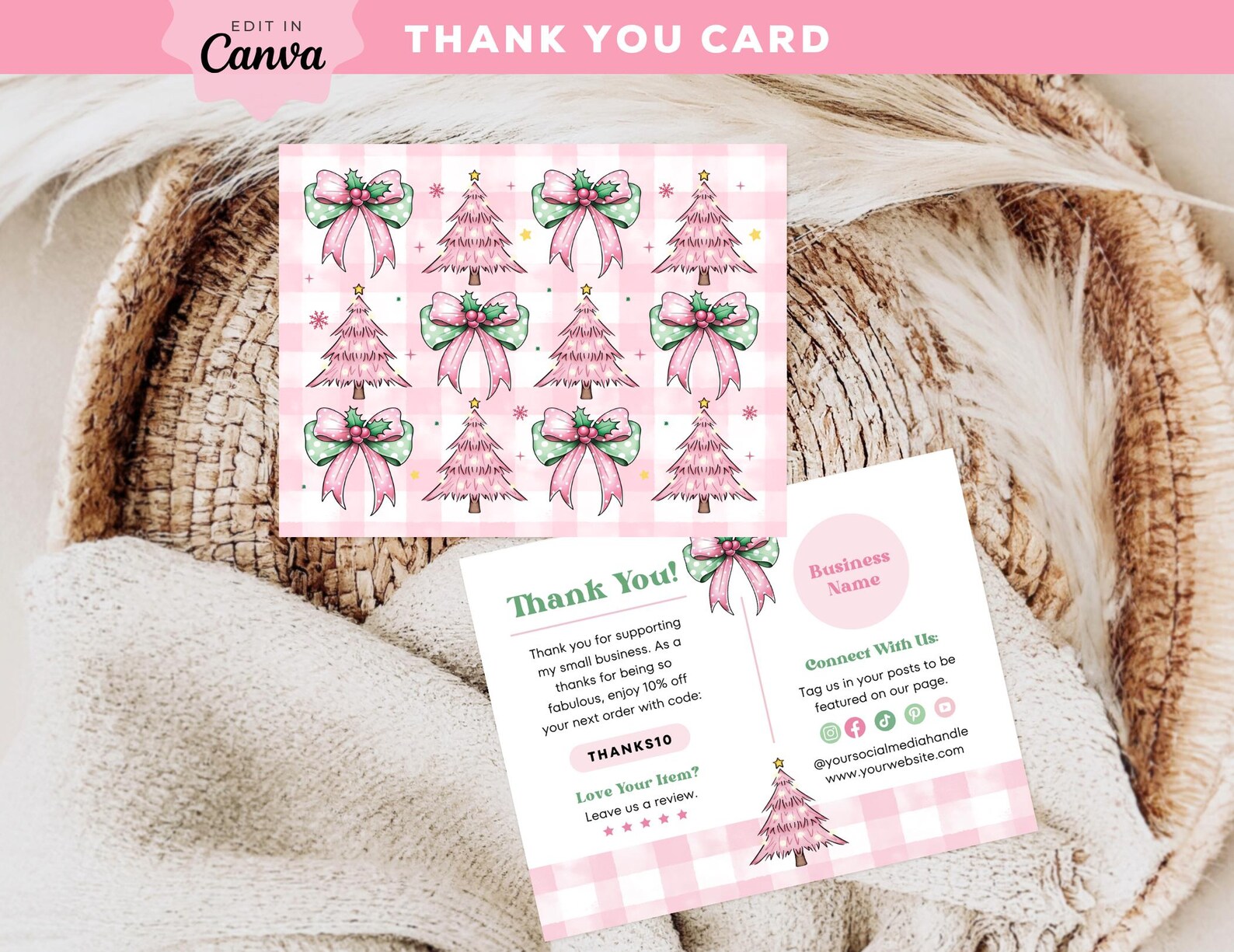 Pink Coquette Christmas Thank You Card Canva Template, Cute Vintage ...