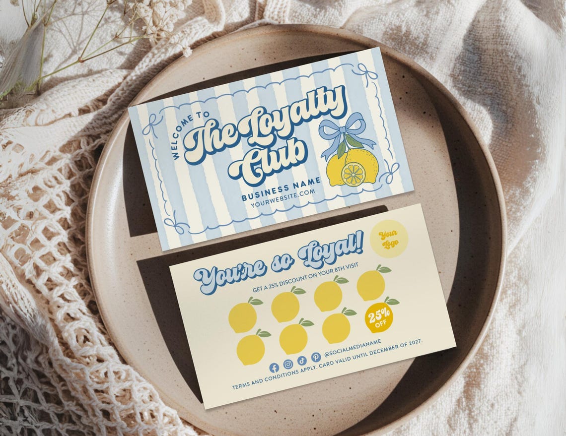 Editable Loyalty Card Template, Cute Lemon Bow Customer Punch Card ...