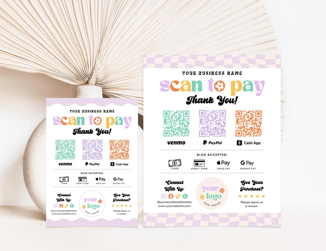 Editable Retro Scan to Pay QR Sign, DIY Rainbow Printable Payment Sign ...