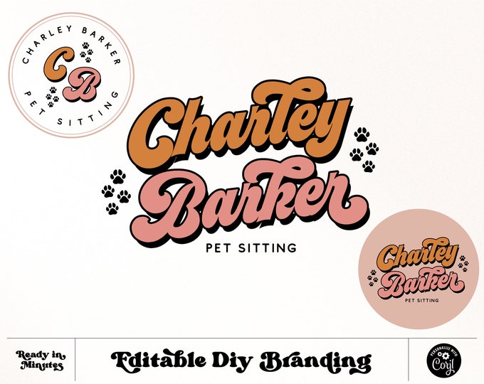 Editable Paw Print Logo, DIY Retro Script 2 Tone Logo Design Instant ...
