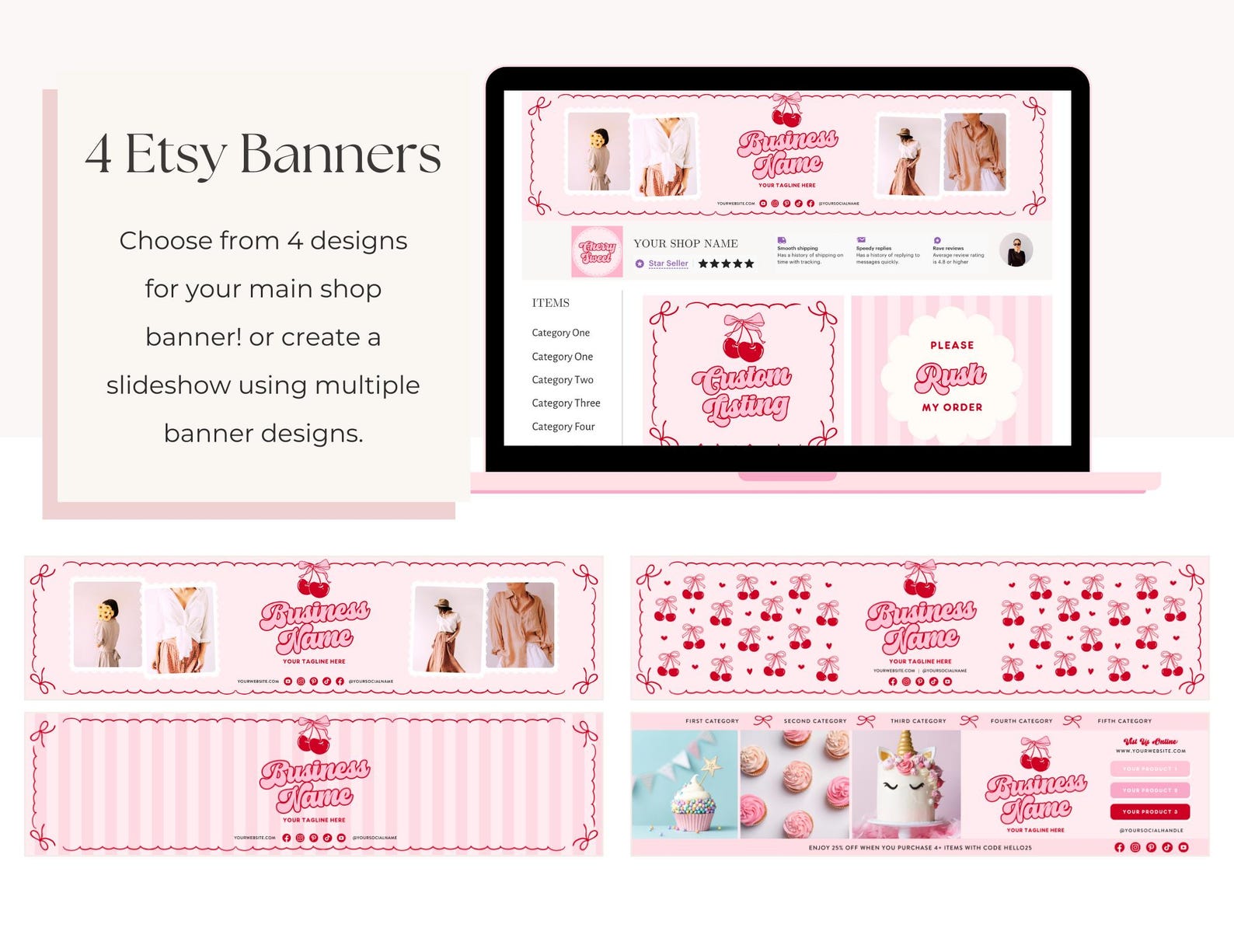 Coquette Etsy Shop Banner Template Canva Template, Cherry DIY Etsy Shop ...