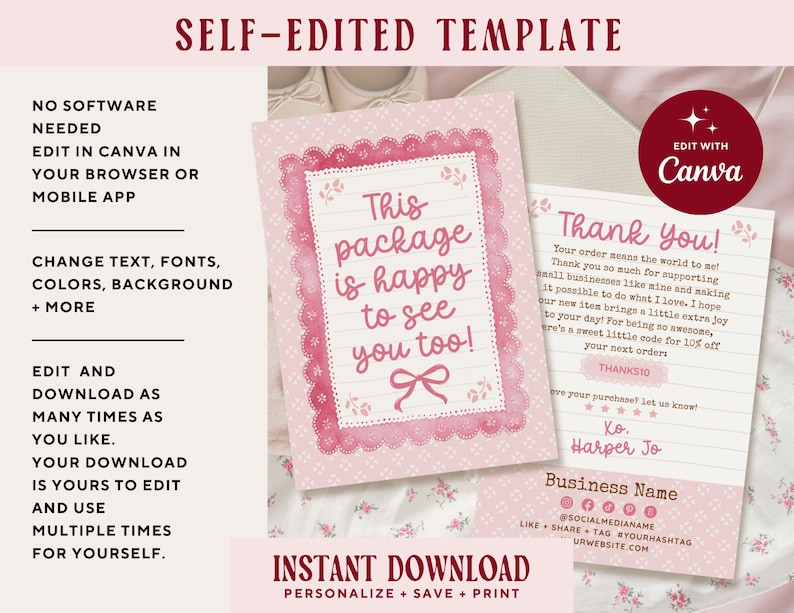 Editable Whimsical Coquette Thank You Card Template, Cottagecore Pink ...