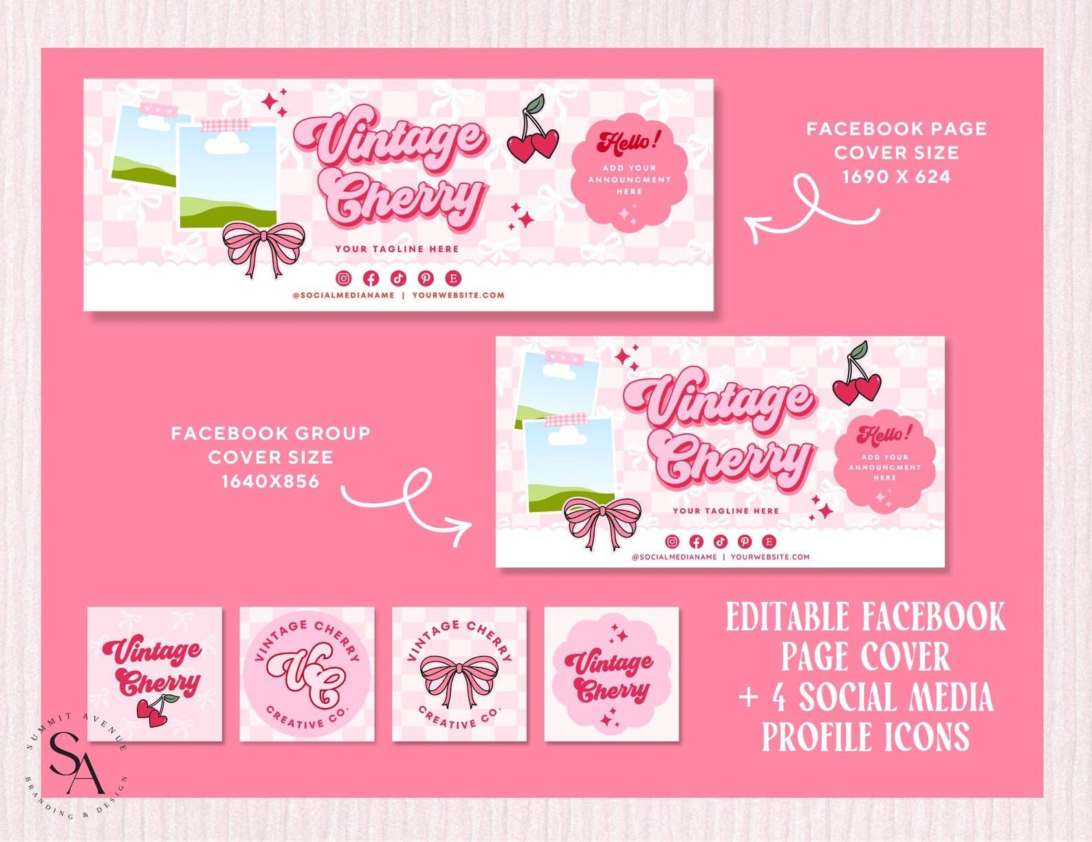 Retro Cherry Bow Facebook Branding Kit Canva Template, Pink Coquette ...