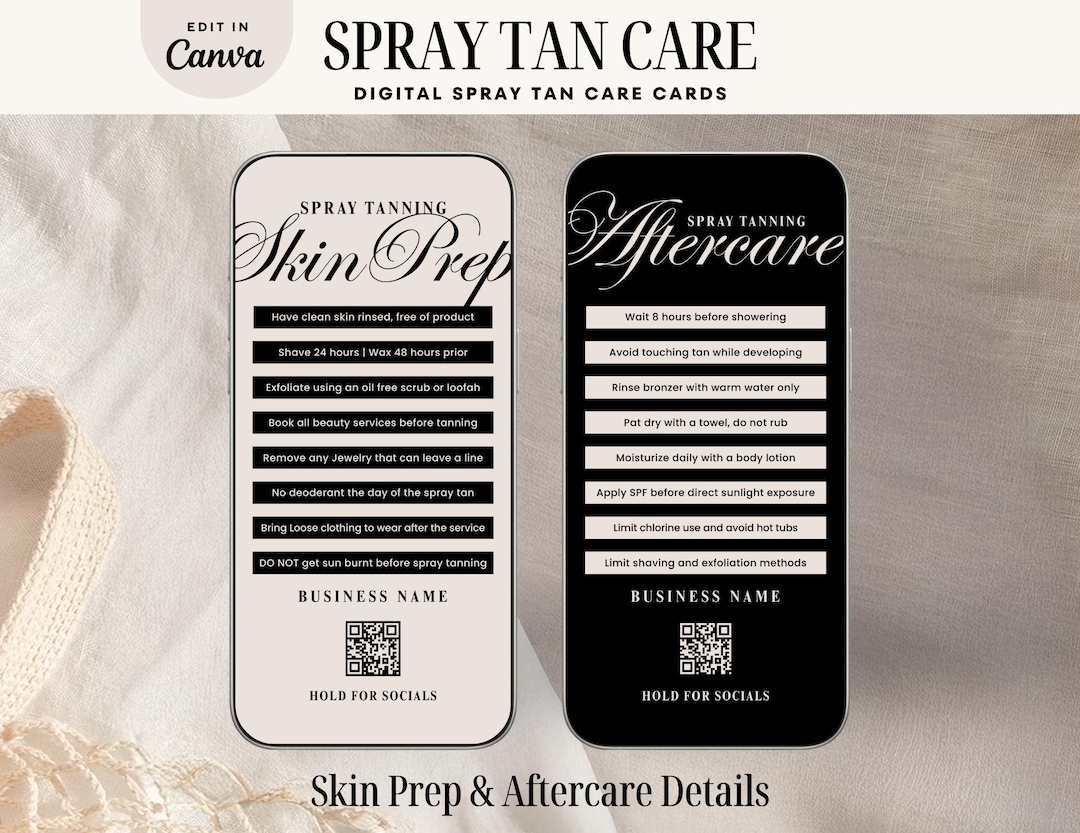 Luxury Digital Spray Tan Care Cards, Editable Spray Tan Skin Prep ...