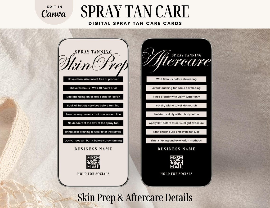 Luxury Digital Spray Tan Care Cards, Editable Spray Tan Skin Prep ...