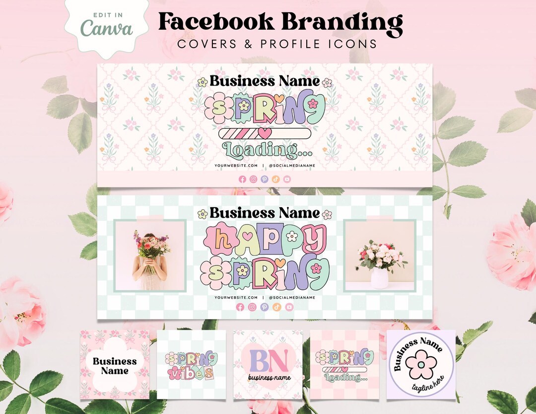 Girly Pastel Bow Facebook Branding Kit Canva Template, Spring Floral ...