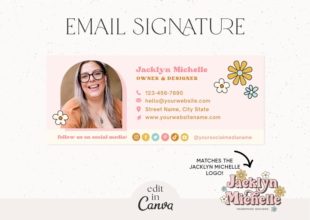 Retro Flower Email Signature Template Canva, Gmail Outlook, Small ...