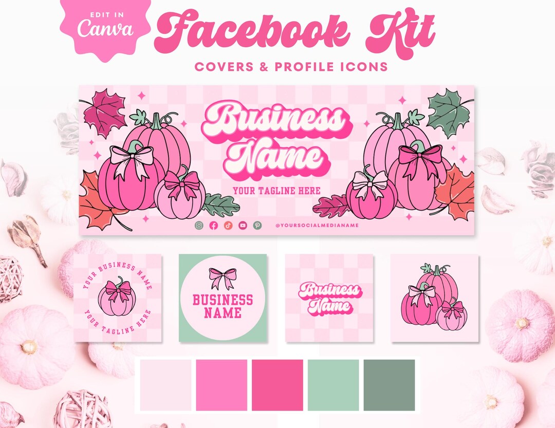Editable Retro Fall Facebook Kit, Pink Pumpkin Facebook Page Banners ...