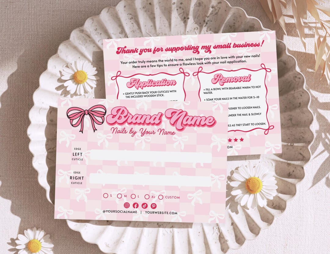 Coquette Bow False Nails Backing Card Canva Template, Pink Press on ...