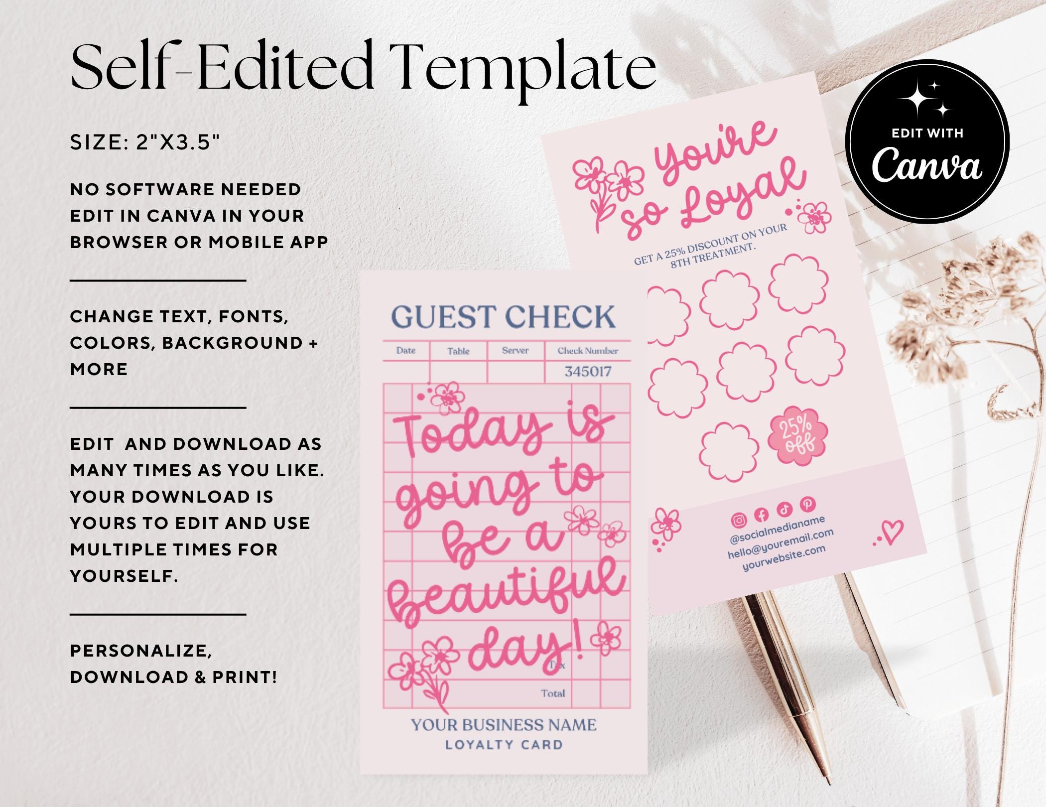 Editable Loyalty Card Template, Vintage Guest Check Customer Punch Card ...