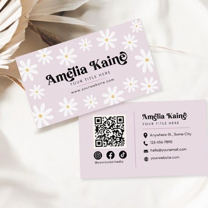 Retro Business Card Canva Template QR Code, Printable Daisy Business ...