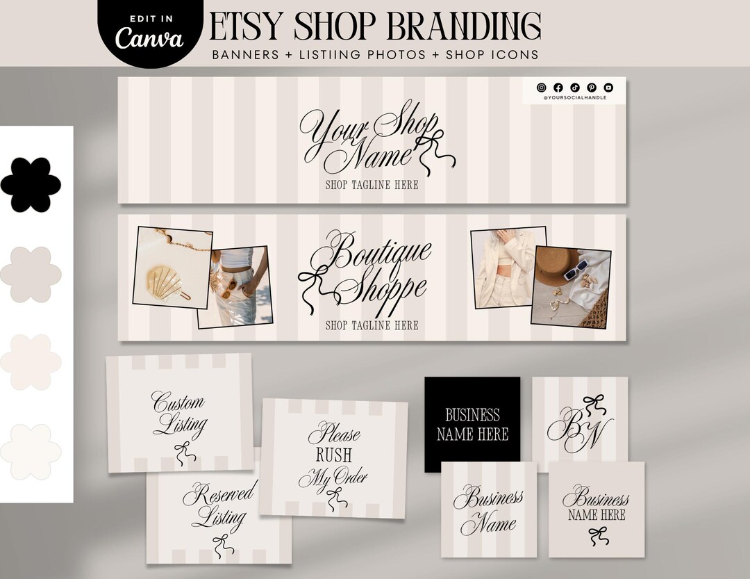 Editable Black Bow Etsy Shop Template Kit Canva, Neutral Luxury Etsy ...