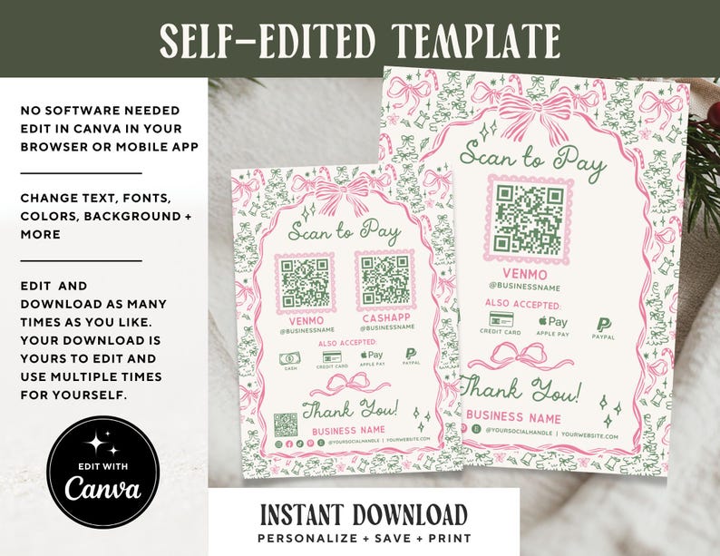 Editable Pink & Green Holiday Payment Sign Template, Coquette Christmas ...
