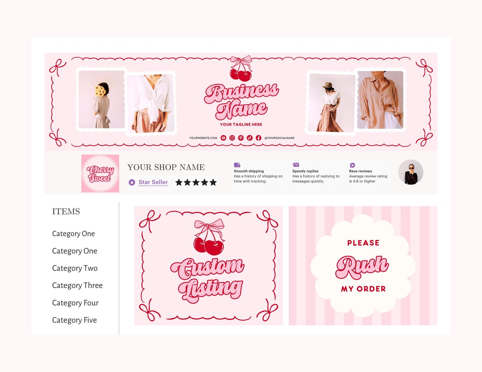 Coquette Etsy Shop Banner Template Canva Template, Cherry DIY Etsy Shop ...