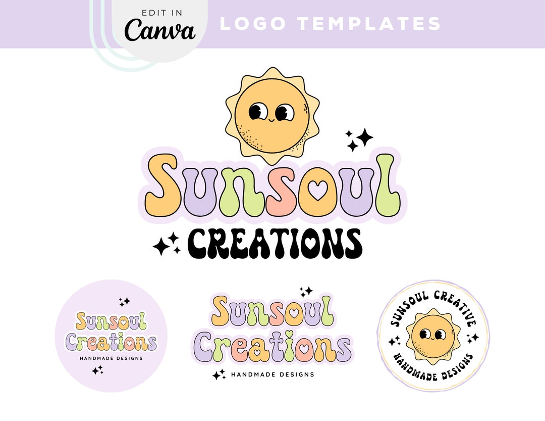 Retro Sun Logo Design Design, Editable Canva Logo Template, Rainbow ...