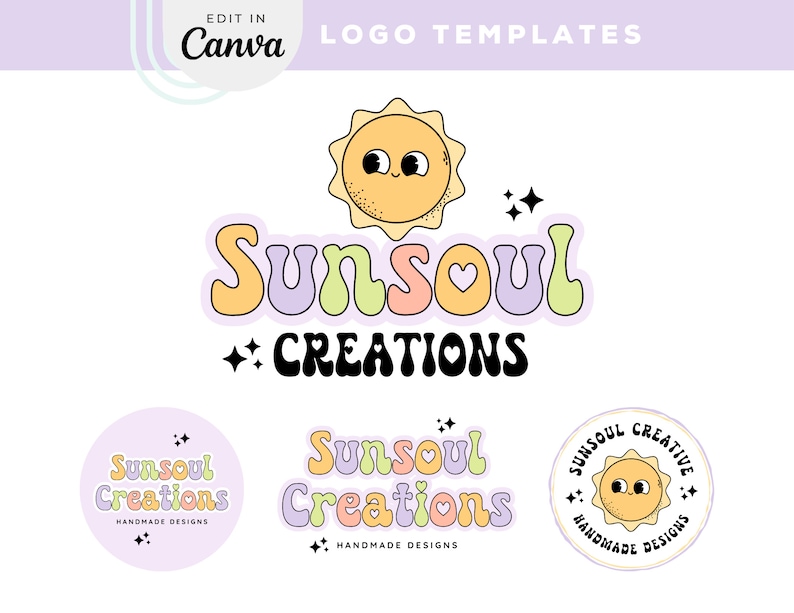 Retro Sun Logo Design Design, Editable Canva Logo Template, Rainbow ...