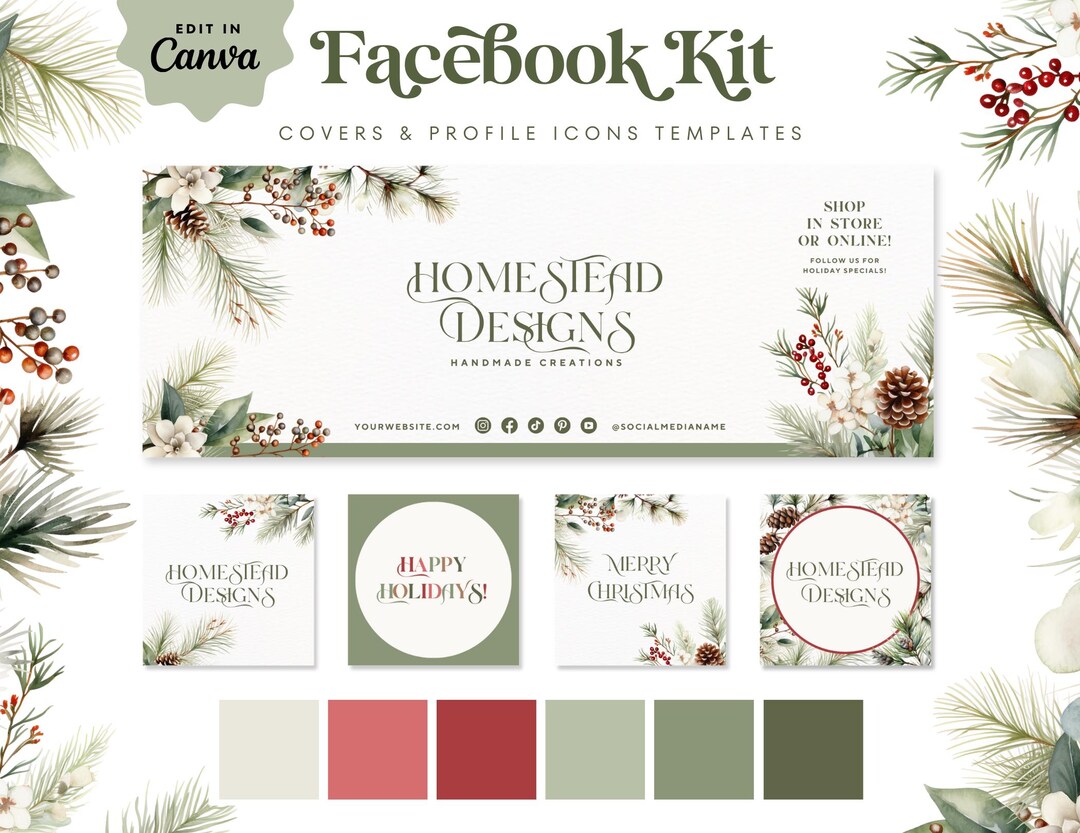 Editable Christmas Facebook Kit, Watercolor Holiday Facebook Page ...