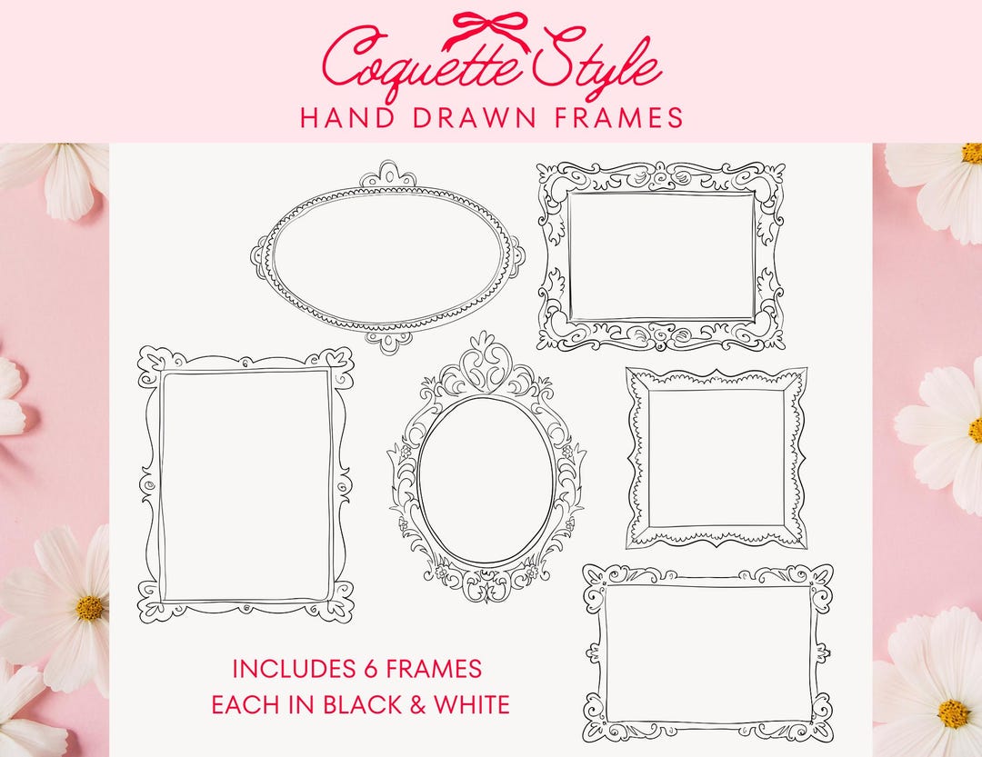 Hand Drawn Coquette Style Frames Clip Art, Vector SVG & PNG Files, Instant Download, Pretty ...