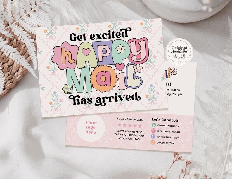 Coquette Floral Bow Thank You Card, Cottagecore Happy Mail Editable ...