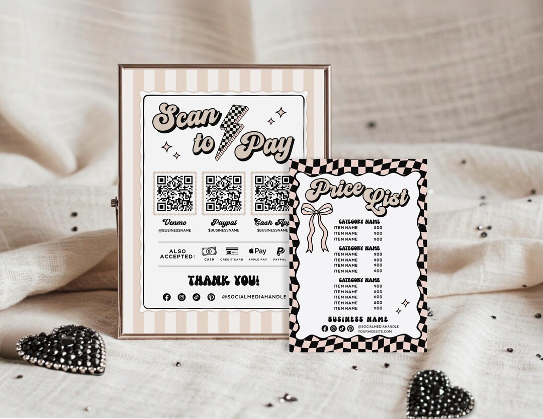 Retro Lightning Bolt Price List + Scan to Pay Sign Canva, QR Code Small ...