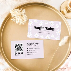 Retro Business Card Canva Template QR Code, Printable Daisy Business ...