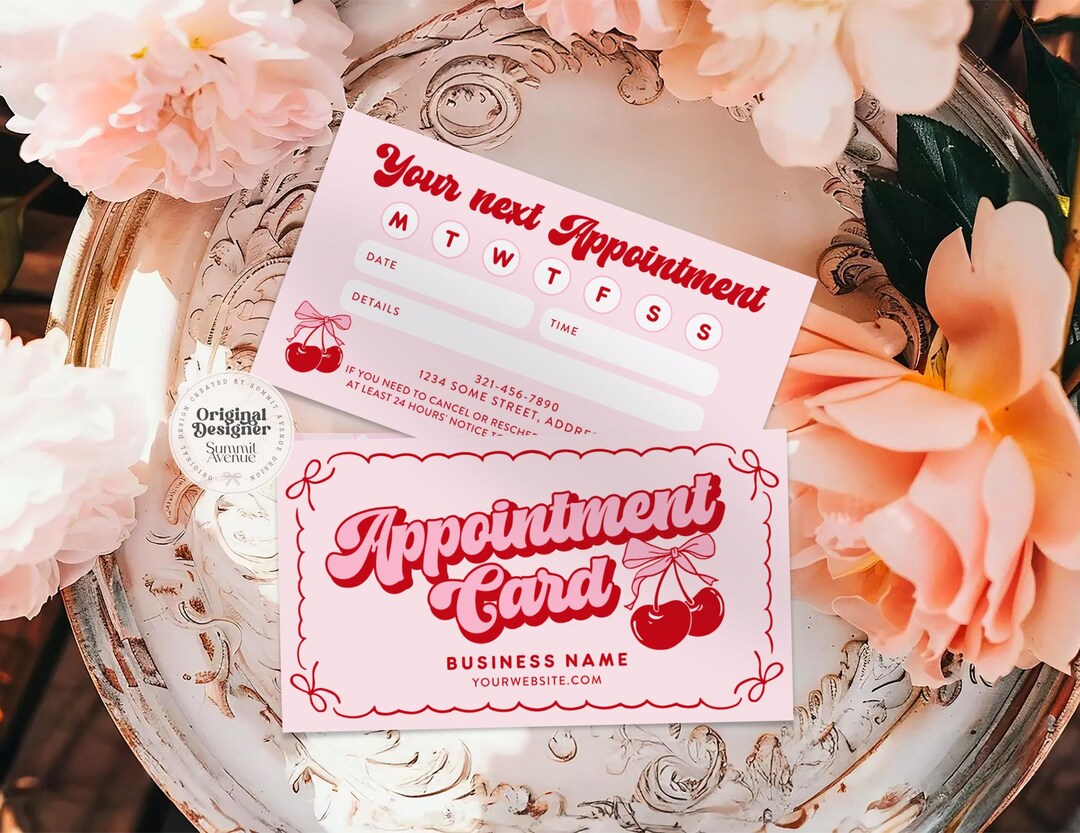 Editable Pink Girly Appointment Card Canva Template, Retro Cherry Appt ...