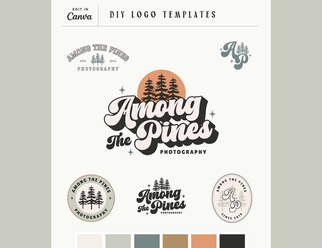 Earthy Retro Pine Tree Logo Kit, DIY Premade Vintage 70s Canva Template ...