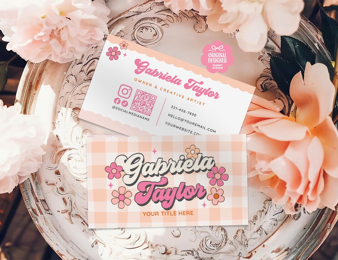 Retro Flower Business Card Template Canva QR Code, Trendy Gingham ...