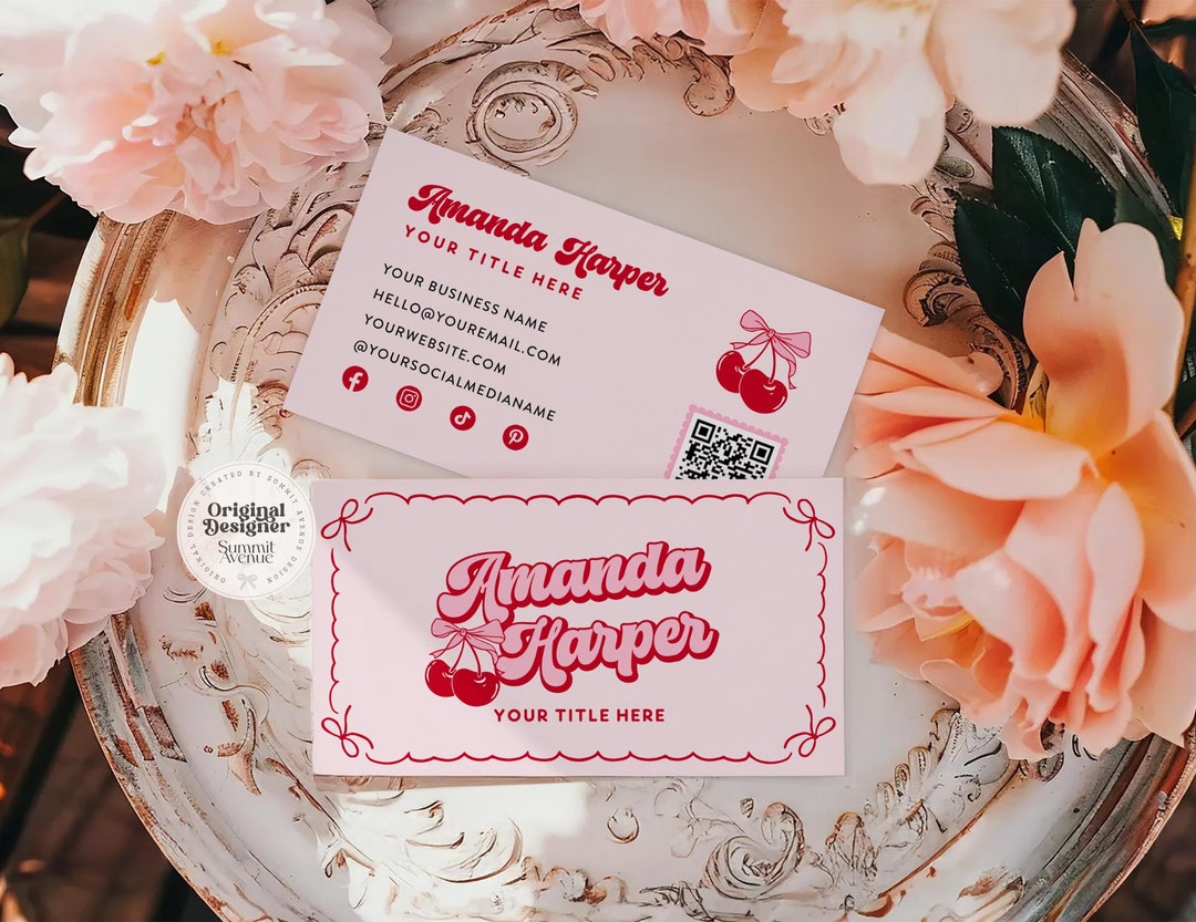 Coquette Business Card Template Canva QR Code, Trendy Cherry Bow ...