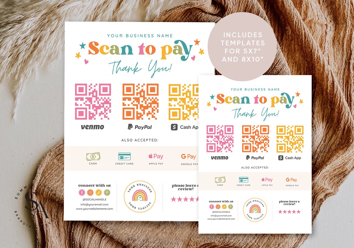 Editable Retro Rainbow Scan to Pay QR Sign, DIY Boho Printable Payment ...