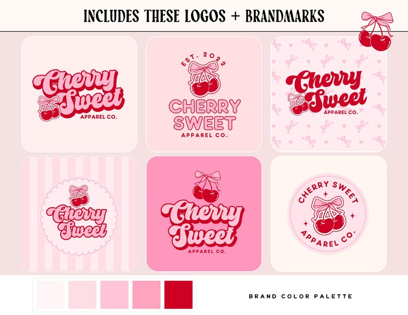 Coquette Aesthetic Logo Design Template, Bow and Cherries Retro Logo ...