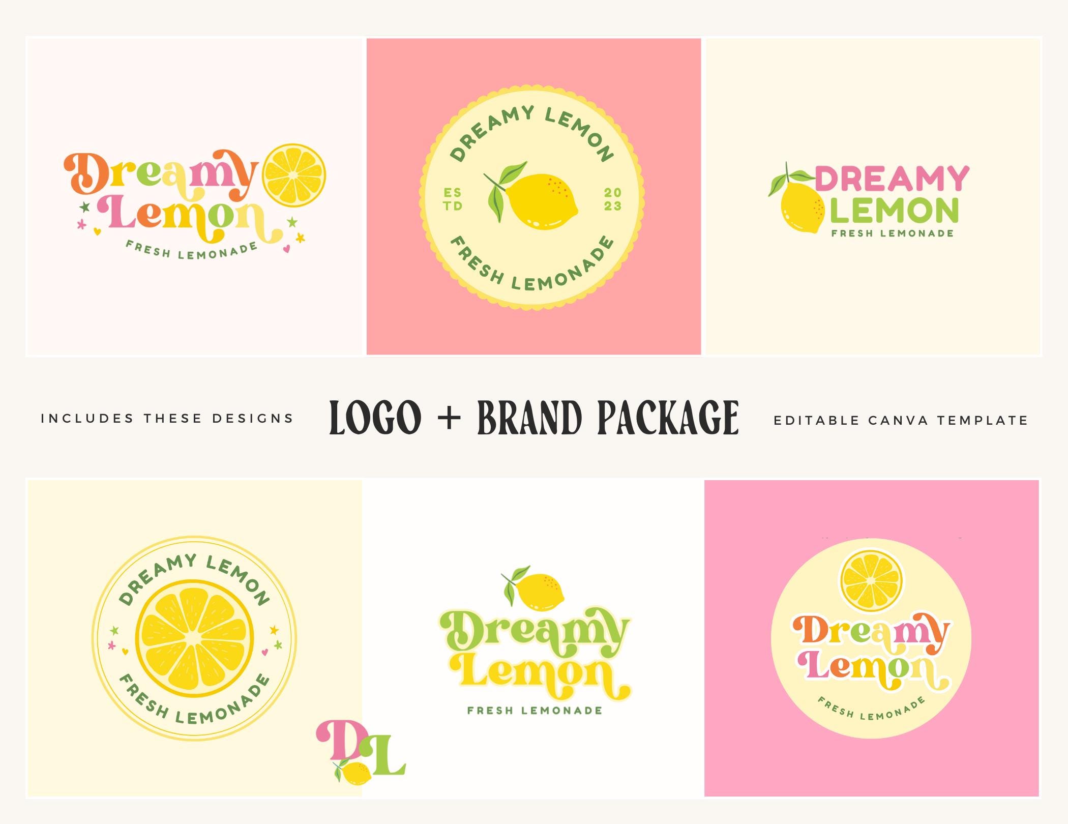 Retro Lemon Logo Canva Template Set, Colorful Citris DIY Branding Kit ...