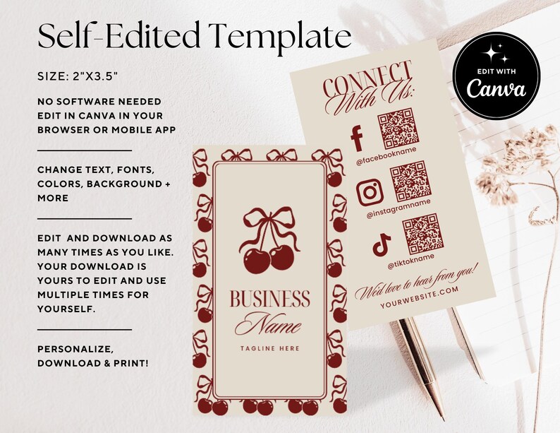 Elegant Cherry Check Connect Card Canva, Coquette Cherries Business ...