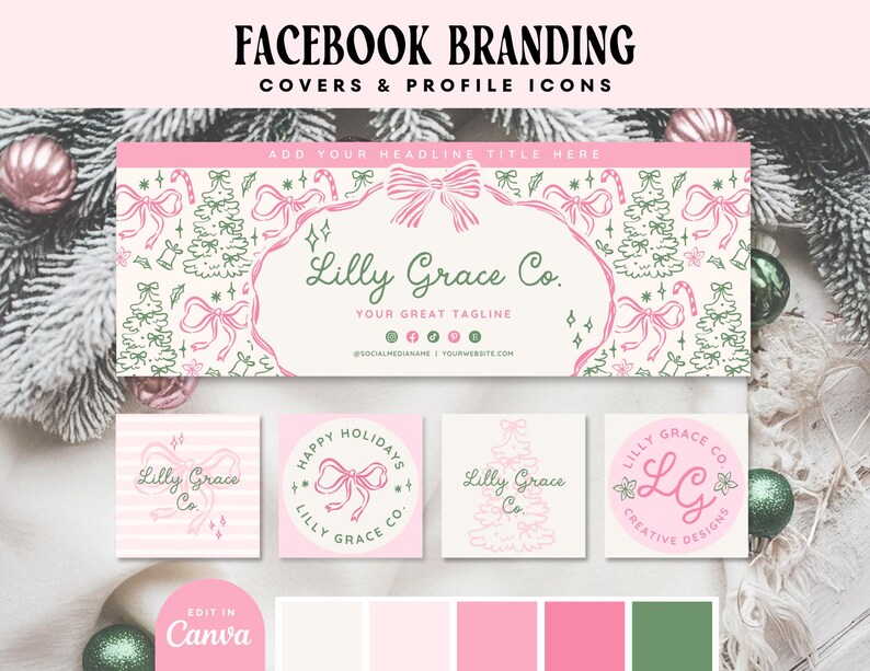 Elegant Bow Holiday Facebook Small Business Page Branding Kit, Pink ...