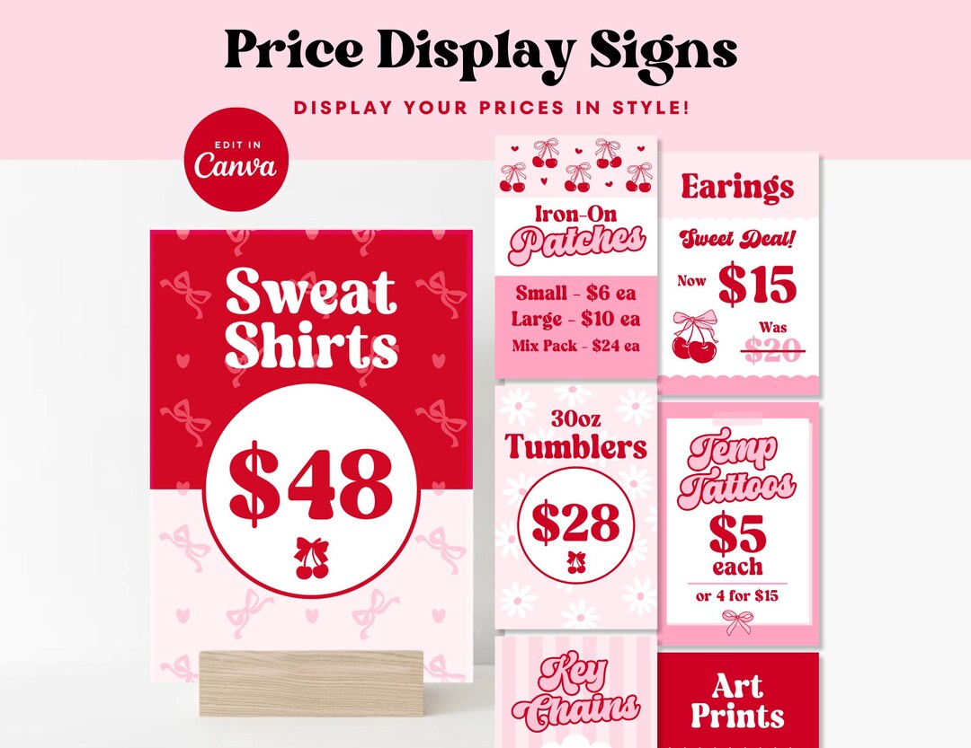 Coquette Cherries DIY Printable Price Signs Canva Template, Editable ...