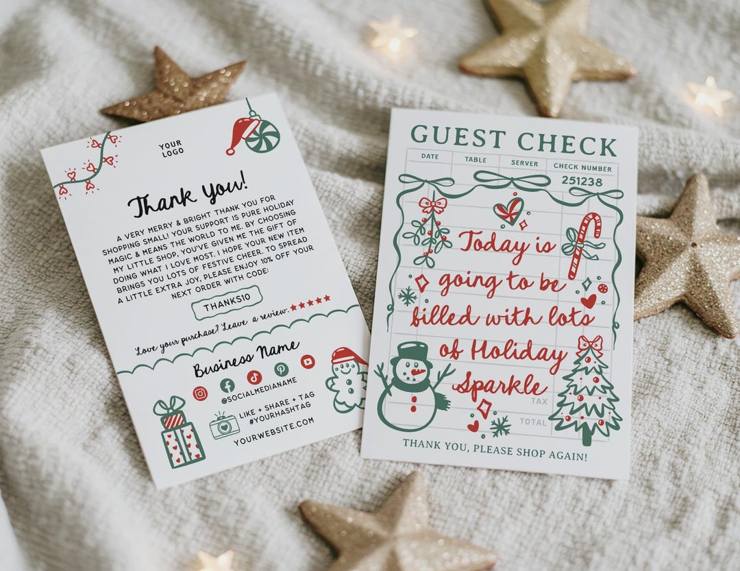 Editable Christmas Guest Check Thank You Card Template, Festive Holiday ...