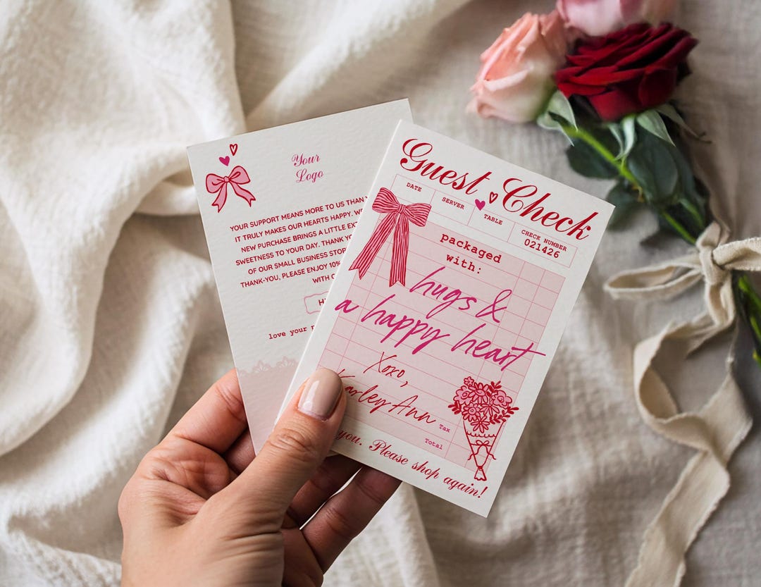 Valentine Vintage Guest Check Thank You Card Canva Template, Cute Pink ...
