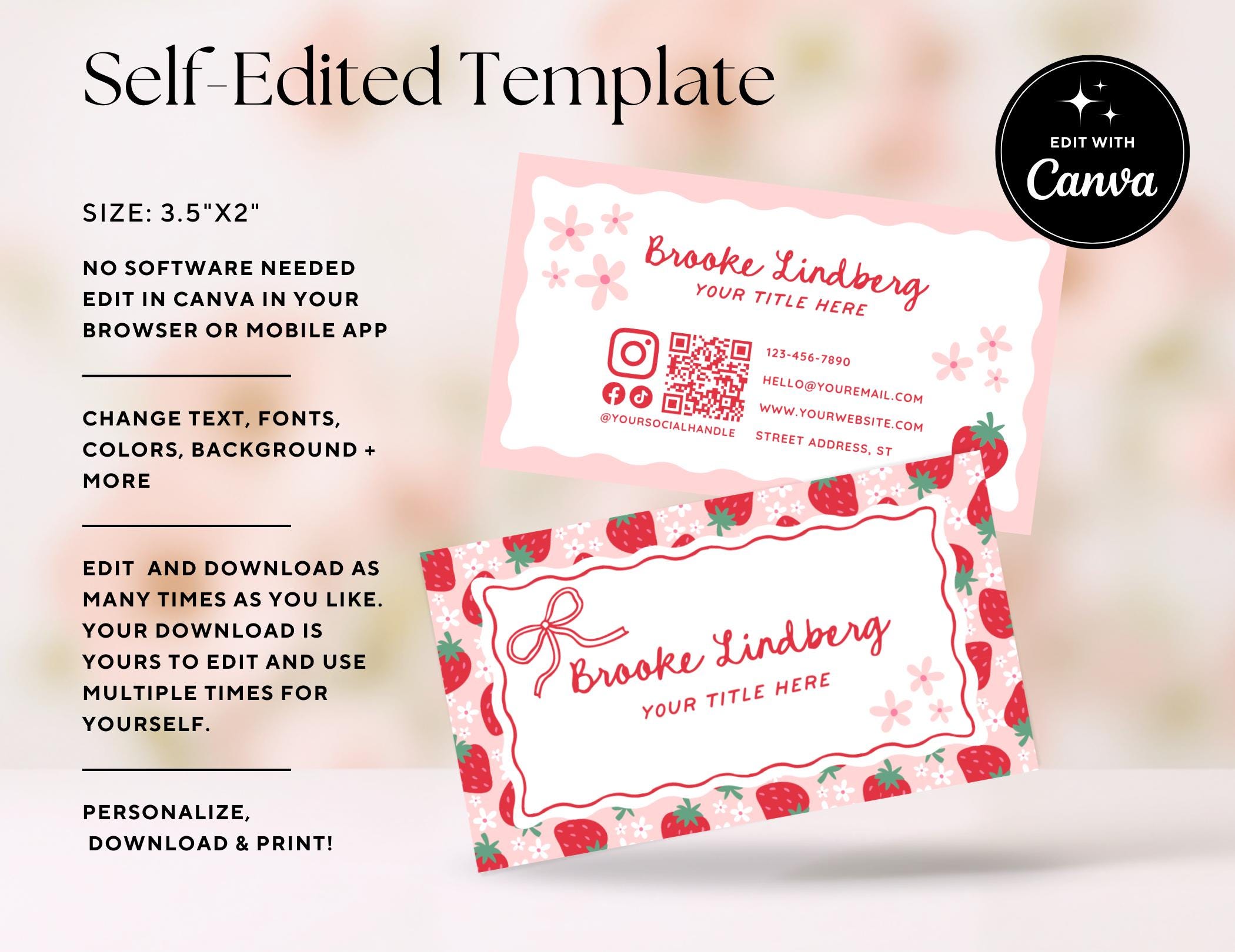 Coquette Business Card Template Canva QR Code, Trendy Strawberry ...